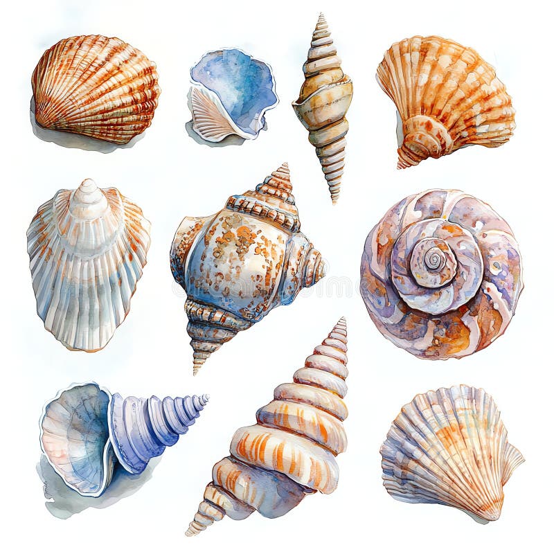 A Collection of Beautifully Illustrated Seashells in Various Shapes and ...