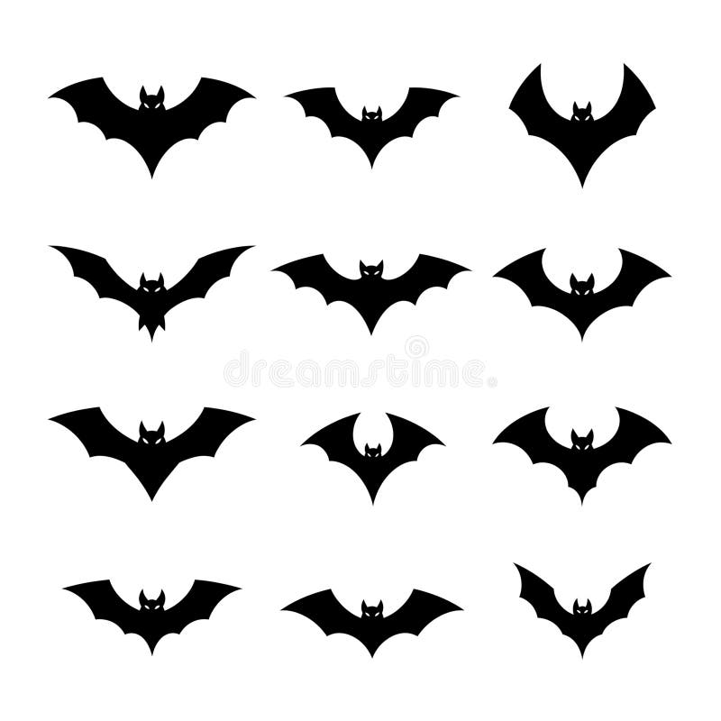 Set of Black Bat Silhouettes in Various Wing Positions Stock ...