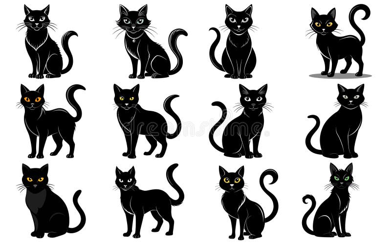 Collection of Black Cat Illustrations in Various Poses, White ...