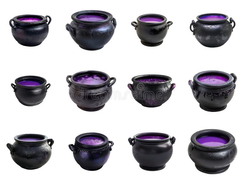 Collection of Black Cauldrons Filled with Purple Liquid Stock Photo ...