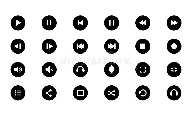 Collection of Black Circular Media Player and Audio Control Icons Stock ...