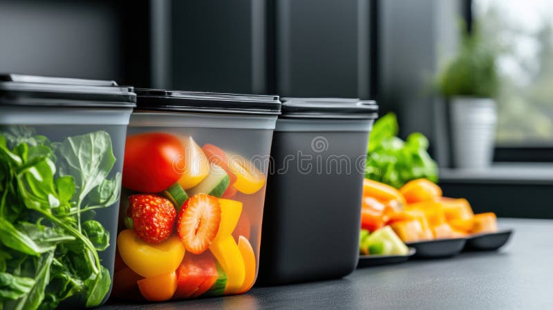 A Collection of Black and Clear Plastic Containers Filled with Fresh ...