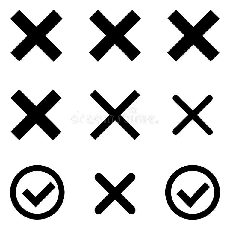 Collection of Black Cross Marks and Check Marks Isolated on a White ...