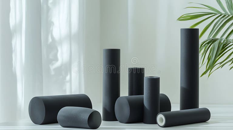 A Collection of Black Cylindrical Objects are Arranged on a White ...