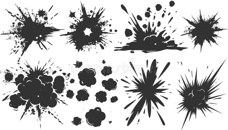 Collection of Black Explosion and Splash Vector Illustrations on White ...