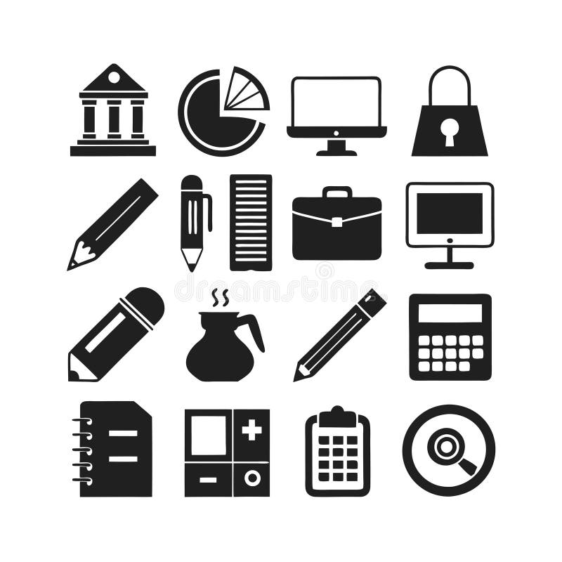 Monochrome Flat Lay Icon Set Featuring Business, Finance, and Office ...