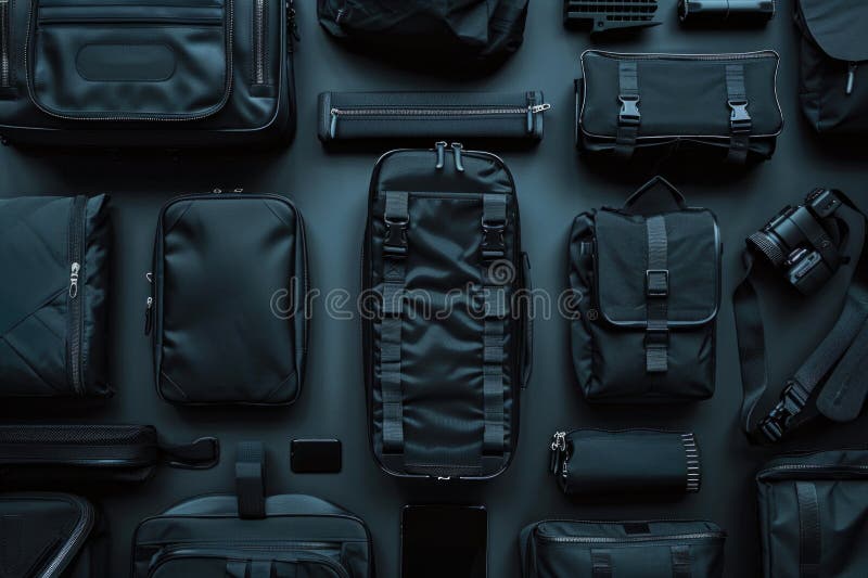 A Collection of Black Luggage Bags Stacked on a Table Stock Image ...