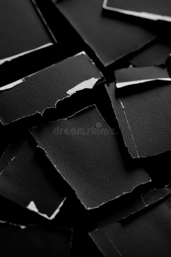 A Collection of Black Paper Fragments Arranged on a Table Surface ...