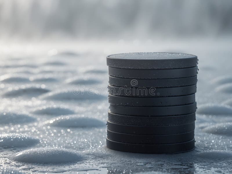 Collection of Black Pucks Stacked on a Frosty Surface Stock Image ...