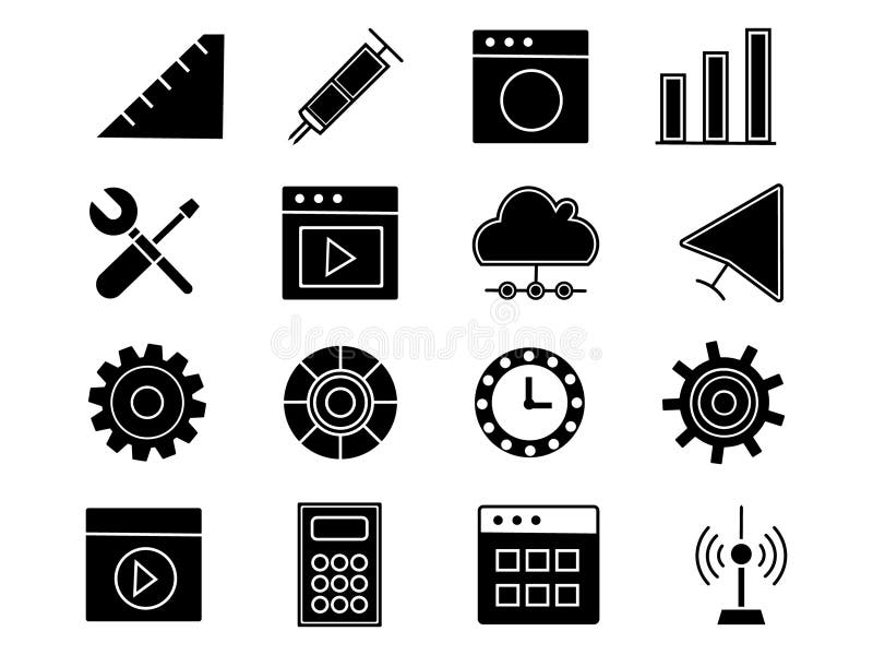 Collection of Black Silhouette Icons Representing Tools, Technology and ...