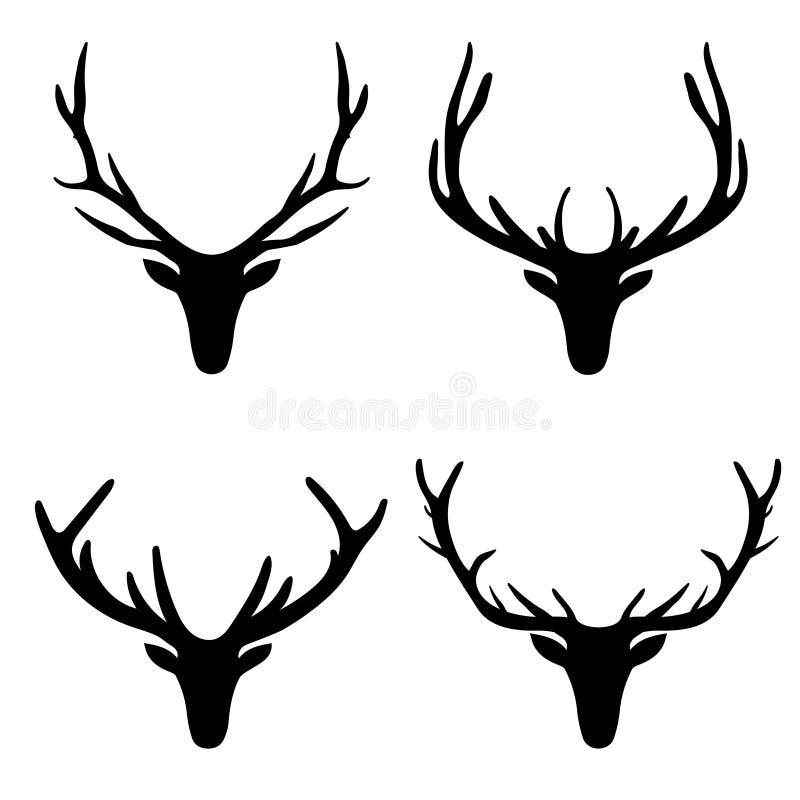 Set of Deer Heads. Black Silhouettes Wild Animals with Antlers on White ...