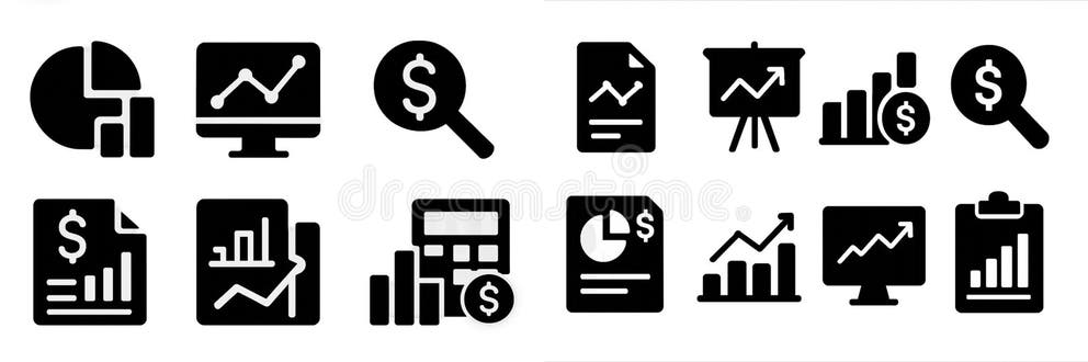 Collection of Black Web Icons Representing Finance, Analytics, and Data ...