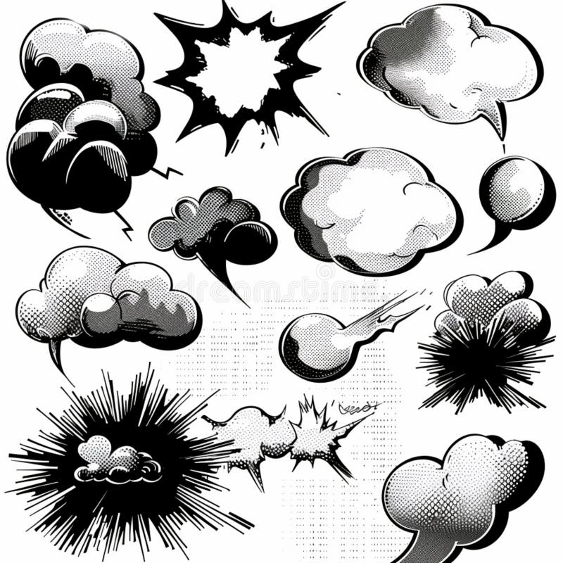 Collection of Black and White Comic Book Style Speech Bubbles and ...