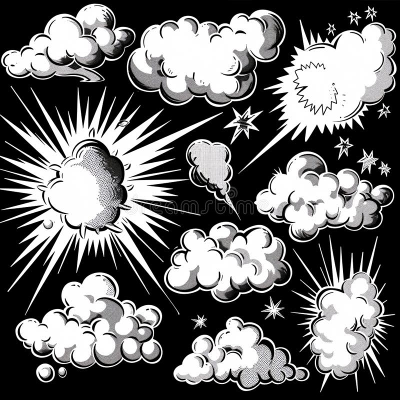 Collection of Black and White Comic Book Style Speech Bubbles and ...