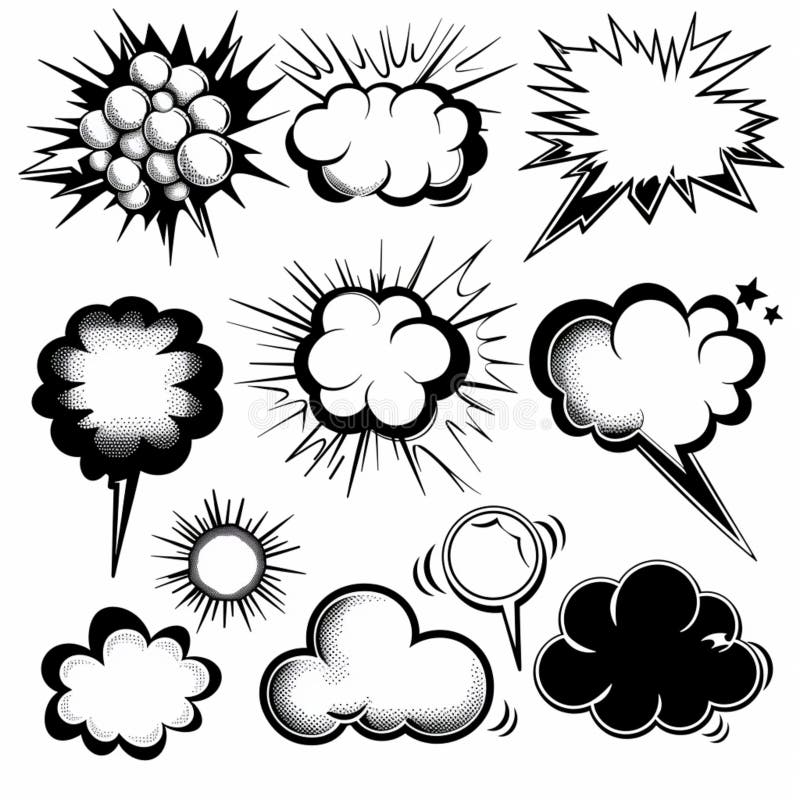 Collection of Black and White Comic Book Style Speech Bubbles and ...