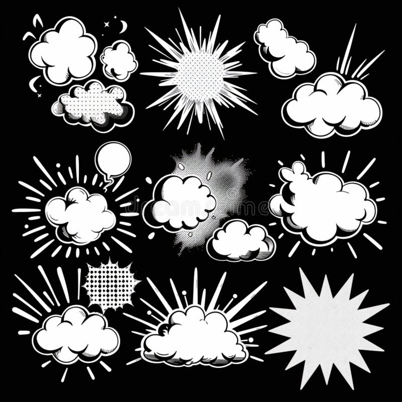 Collection of Black and White Comic Book Style Speech Bubbles and ...