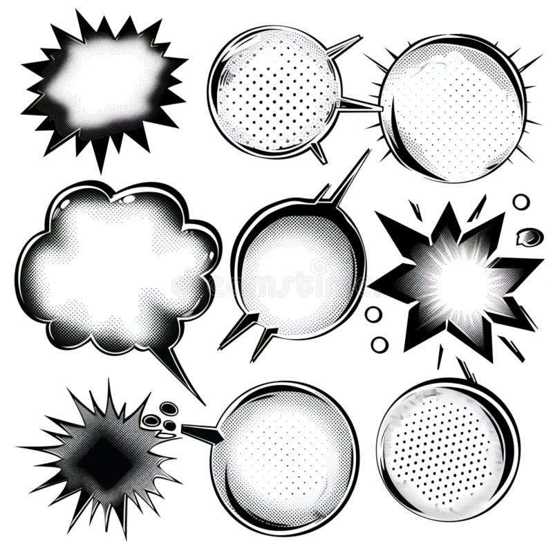 Collection of Black and White Comic Book Style Speech Bubbles and ...