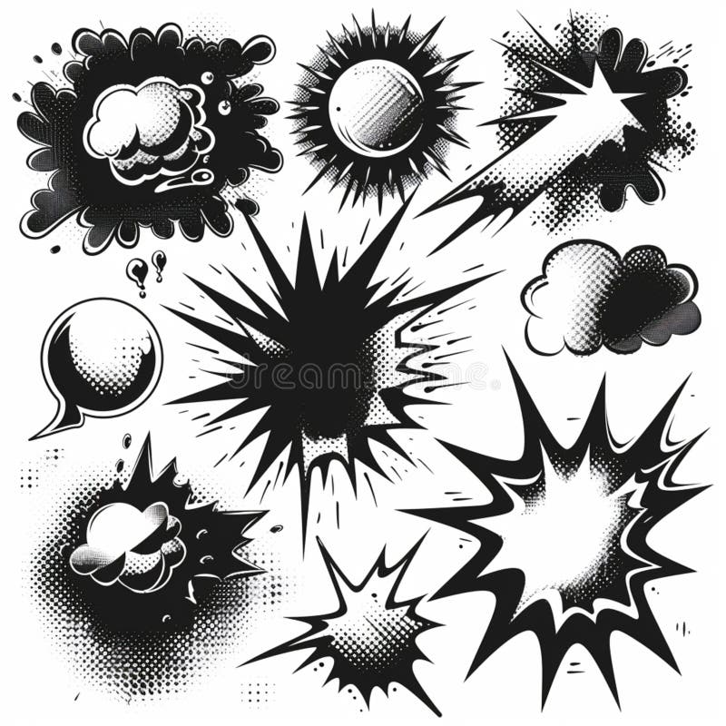 Collection of Black and White Comic Book Style Speech Bubbles and ...