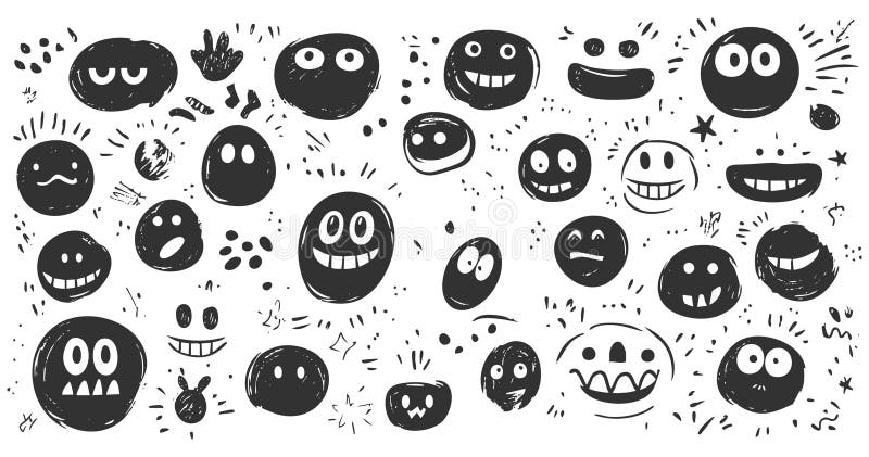 Collection of Black and White Doodle Smiley Faces with Various ...