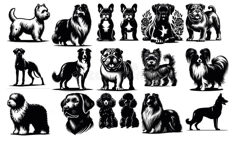 A Bulk Set of Dog Breed Silhouette Art Collection Stock Vector ...