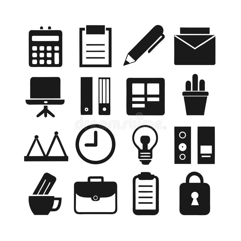 Black and White Icons Depicting Office Essentials and Business Related ...