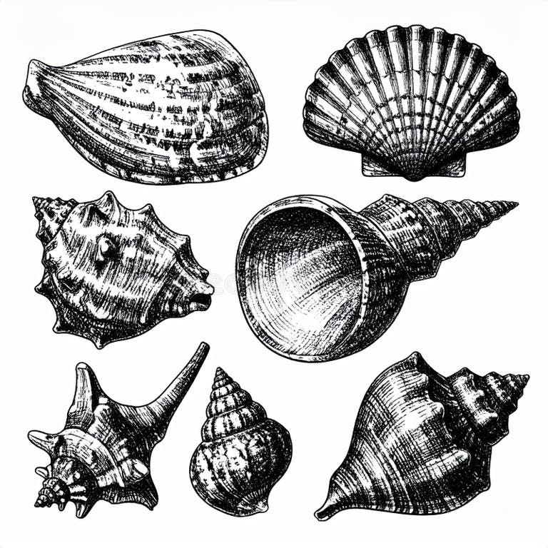 Collection of Black and White Seashell Drawings Stock Illustration ...