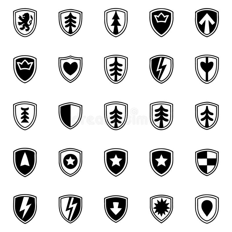 Collection of Black and White Shield Icons with Various Symbols Stock ...