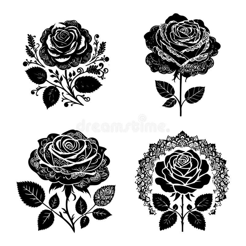 Four Rose Silhouette with Lace Frame Stock Vector - Illustration of ...