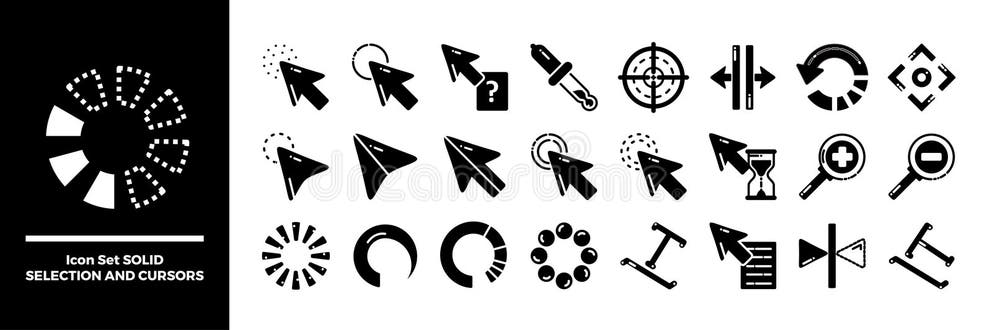 Solid Selection and Cursor Icon Set Featuring Various Digital Tools and ...