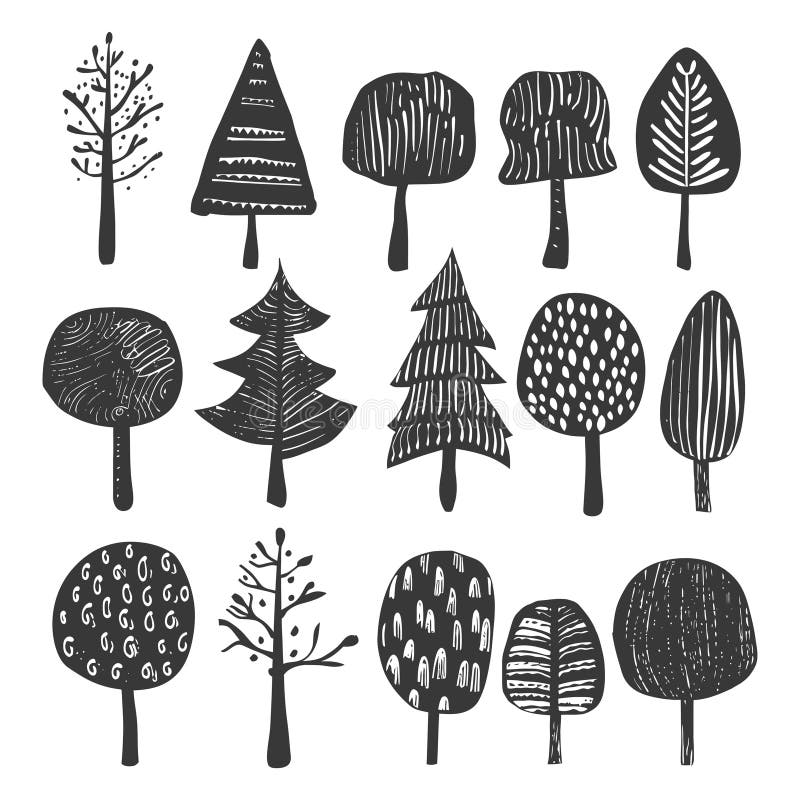 Collection of Twelve Stylized Monochrome Trees Hand-drawn Forest ...