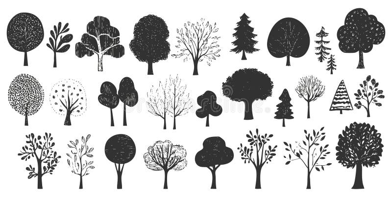 Collection of Black and White Tree Silhouettes in Various Shapes. Stock ...