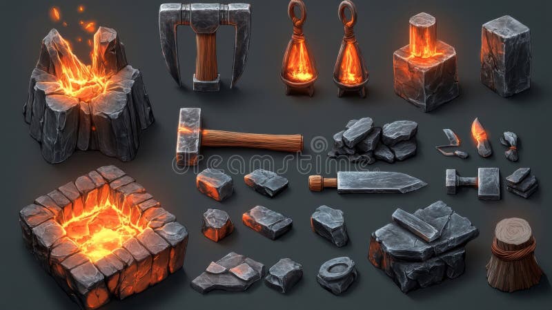 Collection of Blacksmith Tools and Implements with Fiery Forge on Gray ...