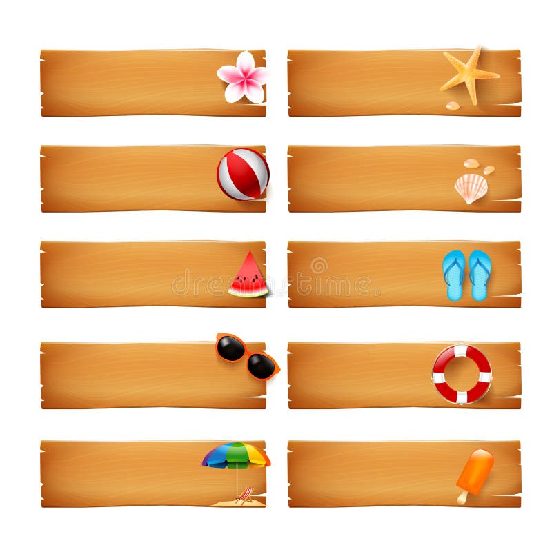 Collection of Blank Wood Banner with Summer Icon Element Isolate Stock ...