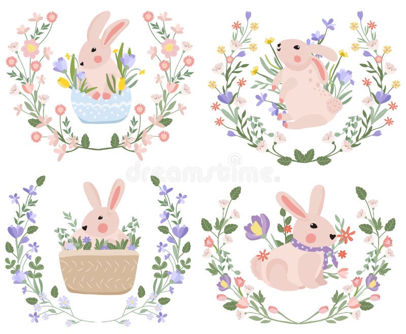 Collection of Blooming Wreaths and Cute Rabbit Inside. Spring-summer ...