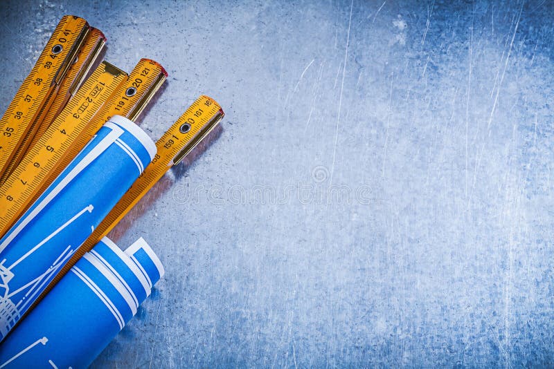 Collection of Blue Construction Drawings Wooden Meter on Metalli Stock ...