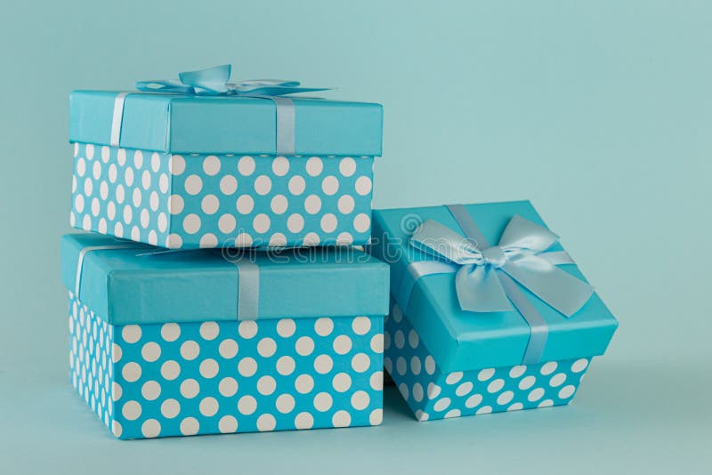 Collection of Blue Gift Boxes with Ribbons Blue Background Copy Space ...