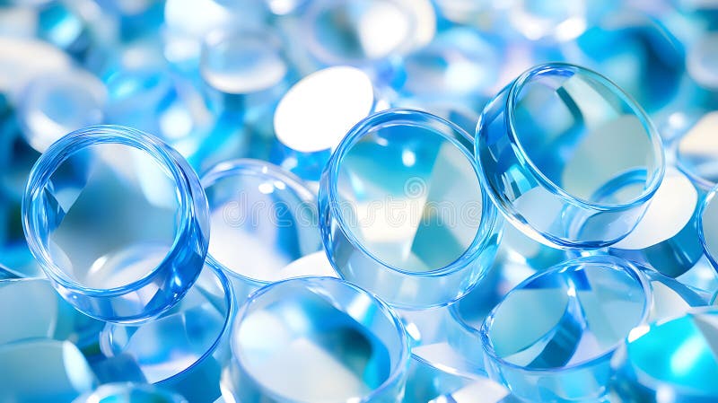 A Collection of Blue Glass Lenses Reflecting Light in Various Shapes ...