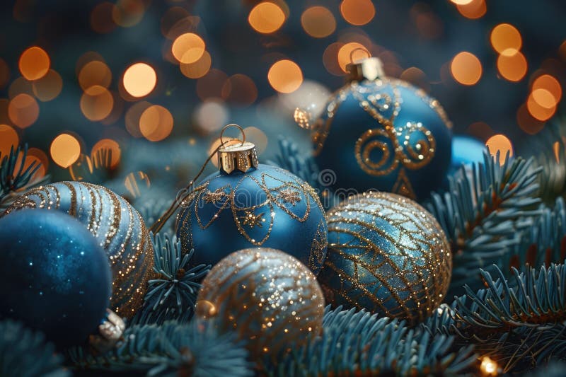 A Collection of Blue and Gold Christmas Ornaments on a Decorative Plate ...