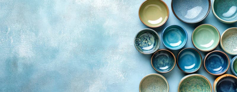 A Collection of Blue and Green Ceramic Dishes Set Against a Textured ...