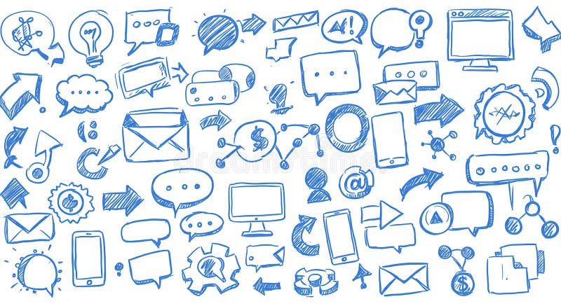 A Collection of Blue Hand-drawn Doodles Featuring Communication and ...