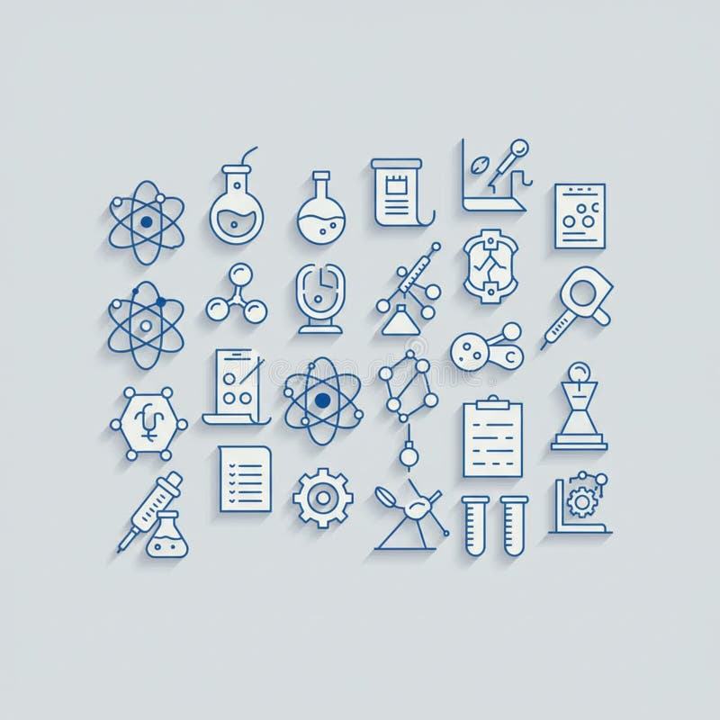 A Collection of Blue Outlined Scientific Icons on a Light Background ...