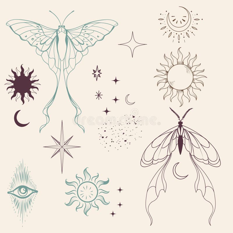 Collection of Boho Vector Butterflies, Elegant Mystic, Magic Set of ...