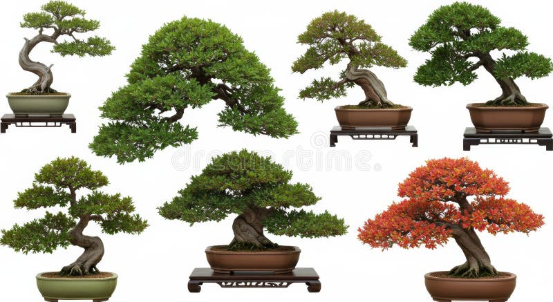 Collection of Bonsai Trees in Various Colors and Sizes Stock ...