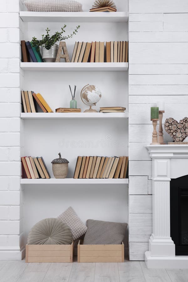 Collection of Books and Decor Elements on Shelves Indoors. Interior ...