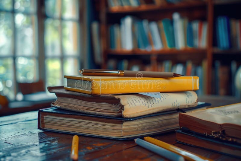 A Collection of Books Stacked on a Wooden Table, Great for Office or ...