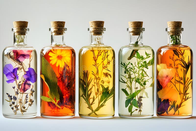 Collection of Botanical Oils in Glass Bottles with Natural Herbs and ...