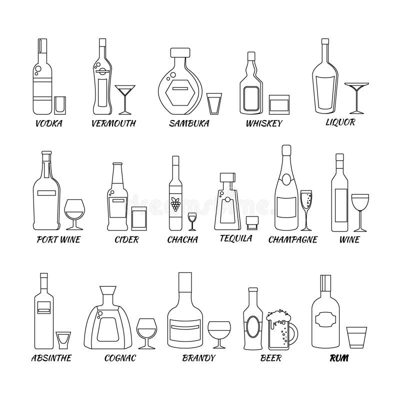 Collection of Bottles of Alcohol in a Line Style. Icons Vector ...