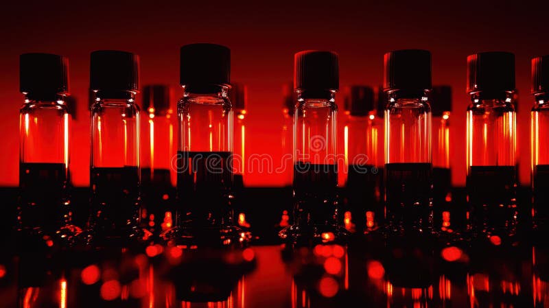 A Collection of Bottles Filled with Red Liquid, Featuring Black Caps ...