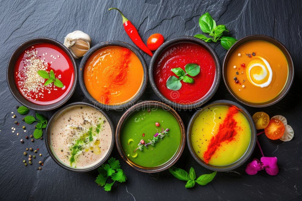 A Collection of Bowls Filled with Various Soups, Ready for Serving ...