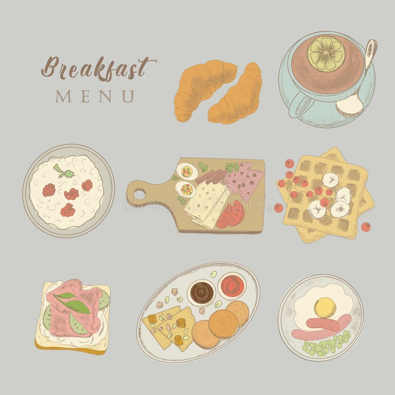 A Collection of Breakfast Dishes Stock Vector - Illustration of cereal ...